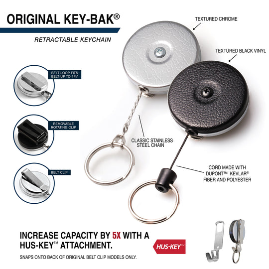 ORIGINAL Retractable Keychain in Vintage Chrome or Vinyl Black – KEY-BAK
